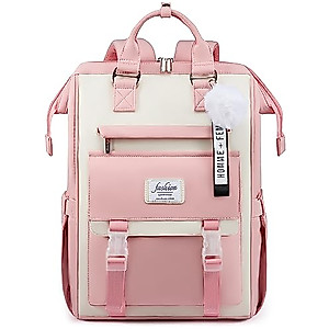 LOVEVOOK Laptop Backpack for Women,15.6 Inch College Backpack,Light Weight Travel Backpack Waterproof Casual Daypack Computer Backpack fits Travel Work Casual（15.6 inch,Pink&Beige）