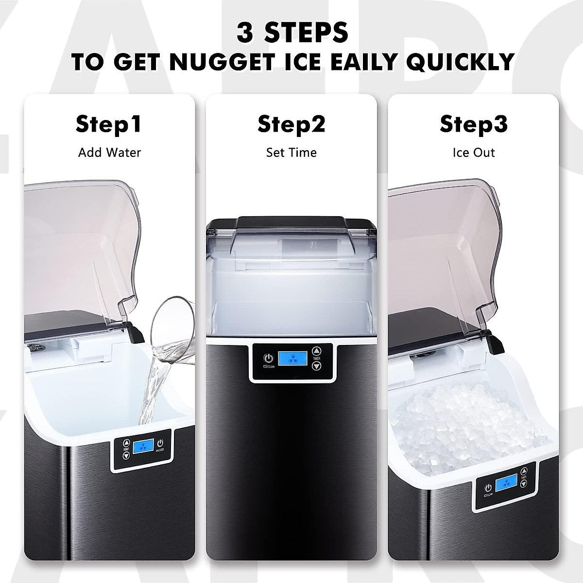 ZAFRO Nugget Ice Makers Countertop with Soft & Chewable Pellet Ice Portable Self-Cleaning Compact Ice Machine 44Lbs/24H with Ice Scoop and Basket Suitable for Home/Kitchen/Office/Bar Party
