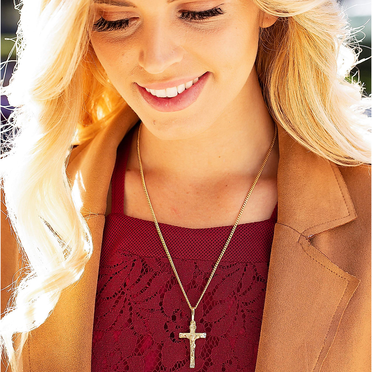 LIFETIME JEWELRY INRI Crucifix 24k Gold Plated Cross Necklace for Women and Men