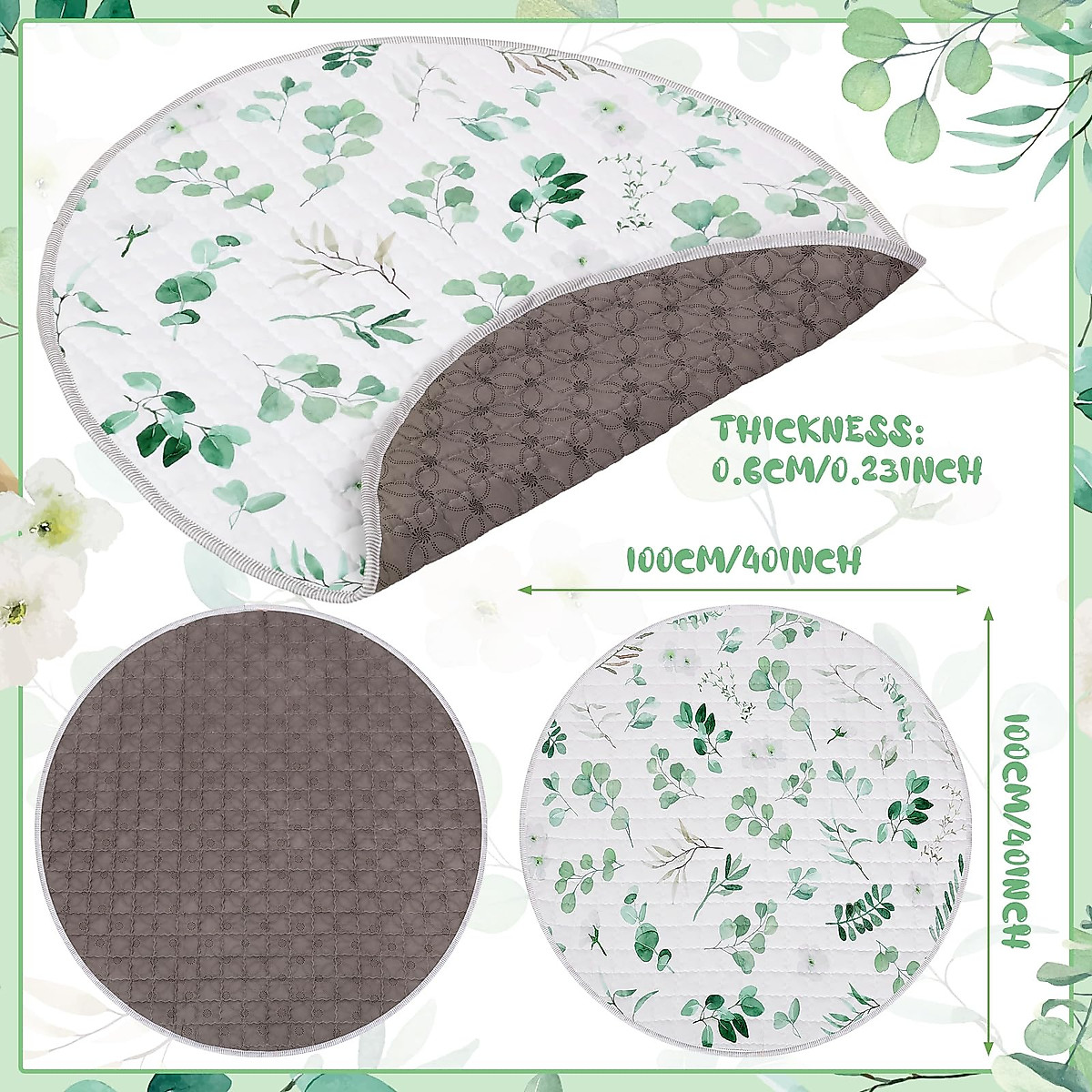 Wesiti Baby Play Mat Non Slip 40 x 40'' Large Baby Activity Mat Round Tummy Time Washable Foldable Floor Pads for Infant Nursery Room Indoor Outdoor(Eucalyptus Leaf)