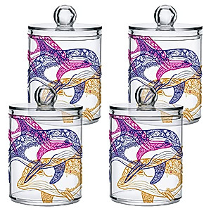 WELLDAY Apothecary Jars Bathroom Storage Organizer with Lid - 14 oz Qtip Holder Storage Canister, Three Bottlenose Dolphins Mandala Clear Plastic Jar for Cotton Swab, Cotton Ball, Floss Picks, Makeup