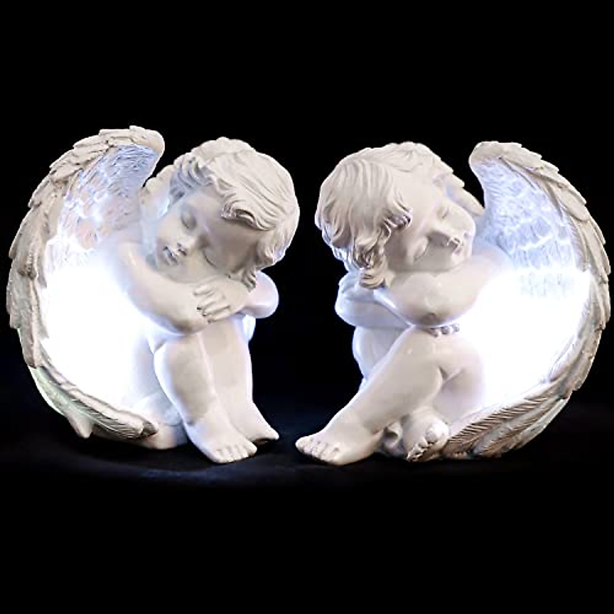 JUNIQUTE Sleepy Time Little Angel with Light Cupid Garden Statue Home Decor Cherub Statue Baby Sculpture Figurine Set of 2