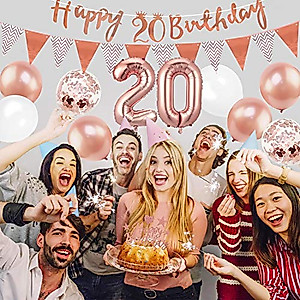 MOVINPE 20th Rose Gold Birthday Decorations, 20th Happy Birthday Banner Pennant Flags 6pcs Hanging Swirl, Number 20 Foil Balloons 8pcs Latex Balloons Cake Toppers Table Confetti for Girls Women