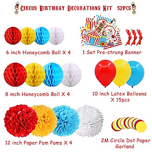 52pcs Carnival Circus Party Decorations Supplies, Carnival Birthday Party Ideas, Circus Happy Birthday Banner Balloons Tissue Paper Flowers Pom Poms Honeycomb Ball Circle Dots for Carnival Decoration