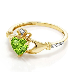 Gem Stone King 10K Yellow Gold Green Peridot and Diamond Accent Irish Celtic Claddagh Ring For Women (0.89 Cttw, Heart Shape 6MM, Available in size 5, 6, 7, 8, 9)
