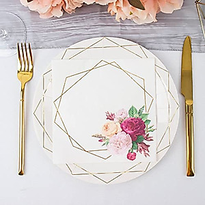 Efavormart 20 Pack | 2 Ply Soft White/Gold Hexagon Frame Floral Paper Napkins, Wedding Dinner Cocktail Beverage Napkins
