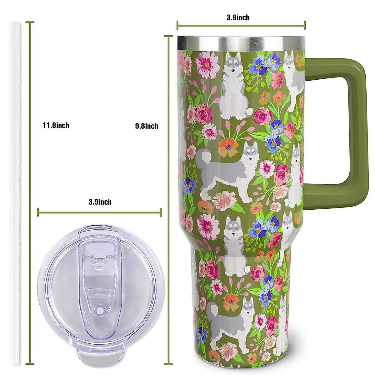 puhnhsv 40 oz Husky Tumbler with Handle, Insulated Stainless Dog Tumbler Coffee Travel Mugs Cup Water Bottle Husky Lovers Gifts for Women Girls
