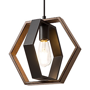 EDISHINE Pendant Lights for Kitchen Island, Farmhouse Hanging Light Fixture with Wood Grain and Black Finish, Adjustable Height Pendant Light for Kitchen Table, Hallway, Entry, cULus Listed