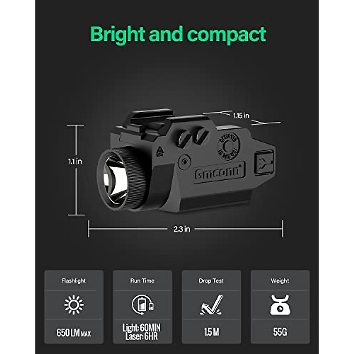 Gmconn Green Laser Light Combo, Tactical Pistol Light 650 Lumen LED Flashlight with Green Beam for Glock Taurus