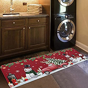 Libaoge Kitchen Mat Rug 1 PCS Christmas Snowman Bird Truck Xmas Tree Red Runner Rug Anti-Fatigue Comfort Memory Foam Standing Mat Non-Slip Floor Door Mat for Bathroom Bedroom 24x71in
