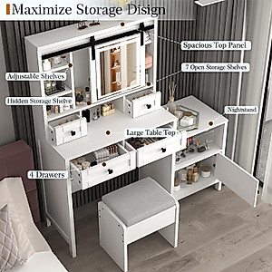 MECHYIN Farmhouse Makeup Vanity Desk with Sliding Mirror and Lights, 49'' White Vanity with Nightstand & Power Outlet, Vanity Table with Drawers, Storage Shelves, Makeup Vanity Table Set with Stool