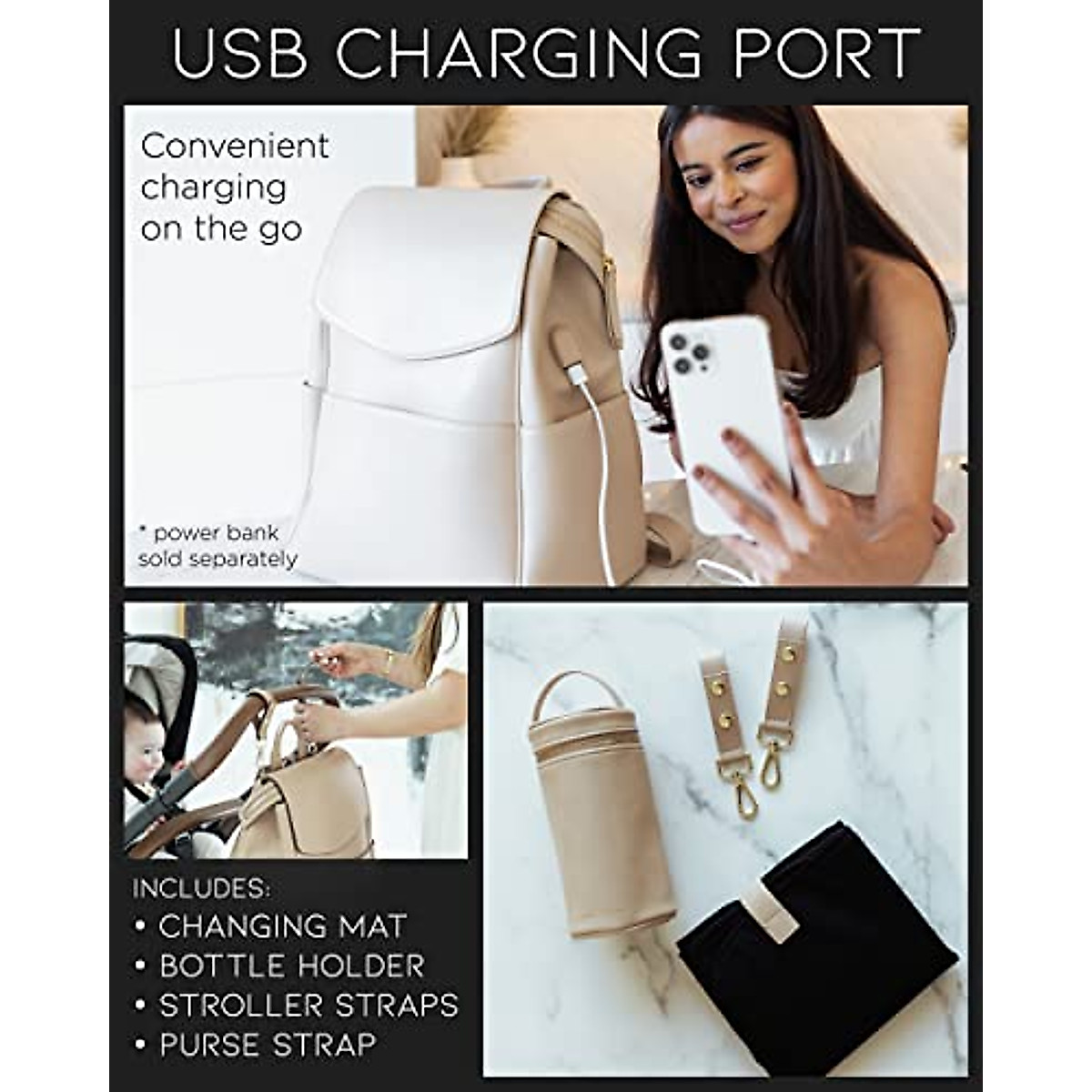 MIA + SOPHIA Leather Diaper Bag Backpack with Changing Pad, Stroller Straps, Bottle Holder (Beige Olivia)