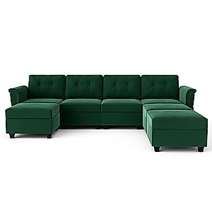Belandi Modular Sectional Sofa U Shaped Convertible Sofa Couch with Storage, 7-Seat Velvet Modular Sofa with Ottomans, Oversized Sofa Couch with Reversible Chaises for Living Room, Green