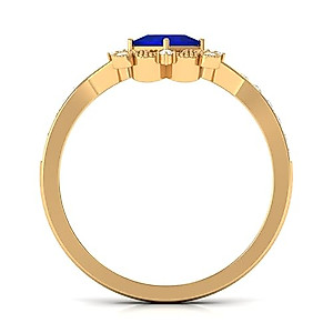 Rosec Jewels Certified Lab Grown Blue Sapphire Diamond Vintage Ring, 5 MM Sapphire Princess Cut Engagement Ring, AAAA Quality, 14K Yellow Gold, Size:US 7.50