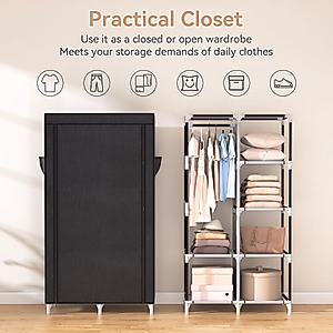ROJASOP Portable Closet Wardrobe Closet for Hanging Clothes with 6 Storage Shelves, 1 Hanging Rod and 4 Pockets, Free Standing Closet Clothes Organizer for Bedroom, Sturdy and Easy Assemble
