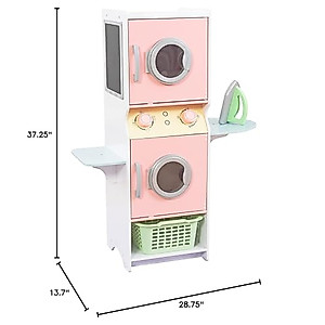 KidKraft Laundry Playset Children's Pretend Wooden Stacking Washer and Dryer Toy with Iron and Basket, Pastel, Gift for Ages 3+