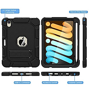 Azzsy Case for iPad Mini 6 8.3 Inch 2021 with Pencil Holder, Slim Heavy Duty Shockproof Rugged Protective Kids Case for iPad Mini 6th Generation 8.3”2021,Black