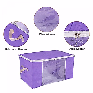 uxcell Clothes Storage Bag 3pcs, Foldable Storage Bins for Clothes, Comforters Storage Bags with Reinforced Handle, Sturdy Zipper, Closet Organizer with Clear Window-Purple