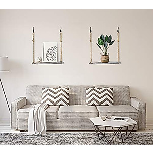 Wood Rope Hanging Floating Shelves Set of 2, Hanging Shelves for Wall Decor, Window Rope Wood Hanging Plant Shelf, Wall Hanging Rope Shelves for Living Room, Bedroom, Bathroom and Kitchen ( White)