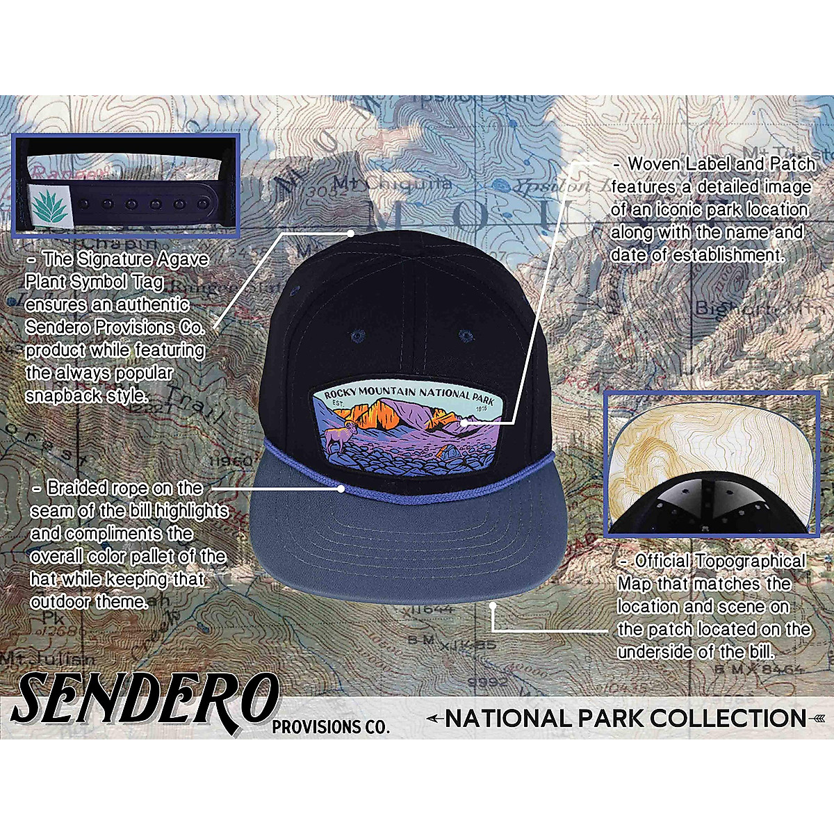Sendero Provisions Co. Outdoor Adjustable Snapback Rope Hat with Rocky Mountain National Park Woven Patch (Navy/Slate)