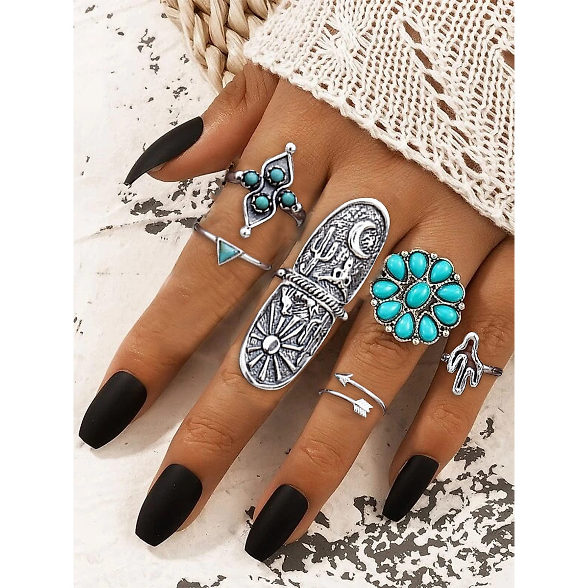 YANCHUN Turquoise Stackable Finger Ring Set Boho Knuckle Rings Midi Joint Carved Rings Western Jewelry for Women