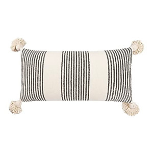 Creative Co-Op Cotton & Chenille Vertical Grey Stripes, Tassels & Solid Cream Back Pillows, 1 Count (Pack of 1)