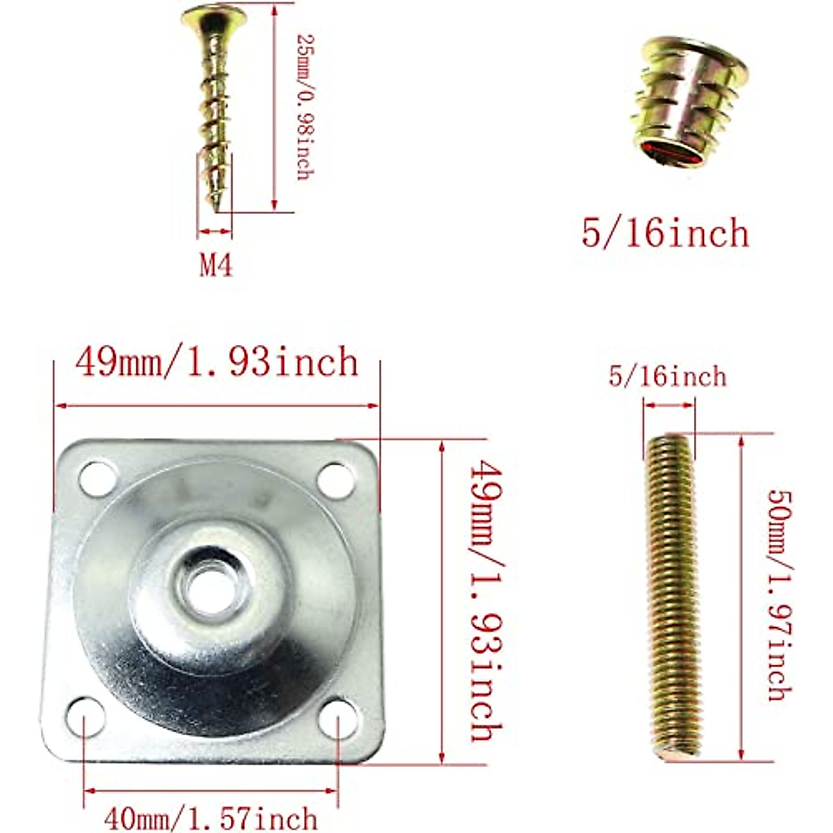 TAODAN 4 Set Furniture Leg Mounting Plates Leg Attachment Plates with Hanger Bolts Screws for Furniture Repair Sofa Table Chair Couch