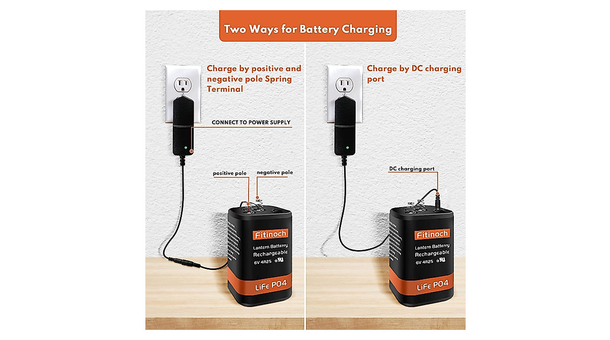 Fitinoch 6V LiFePO4 Rechargeable Lantern Battery + Charger