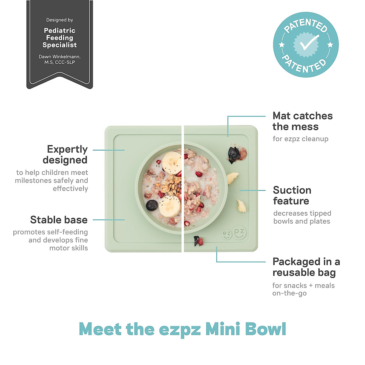 ezpz Mini Bowl for 12 Months+ (Sage) - 100% Silicone Suction Bowl with Built-in Placemat for Toddlers - Comes with a Reusable Travel Bag