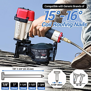 meite Roofing Nailer, Pneumatic Coil Roofing Nail Gun, Compatible with 15 Degree 7/8" to 1-3/4" Coil Roofing Nails, Lightweight Roofing Tools with Adjustable Nail Depth, Safety Switch (CN45R)