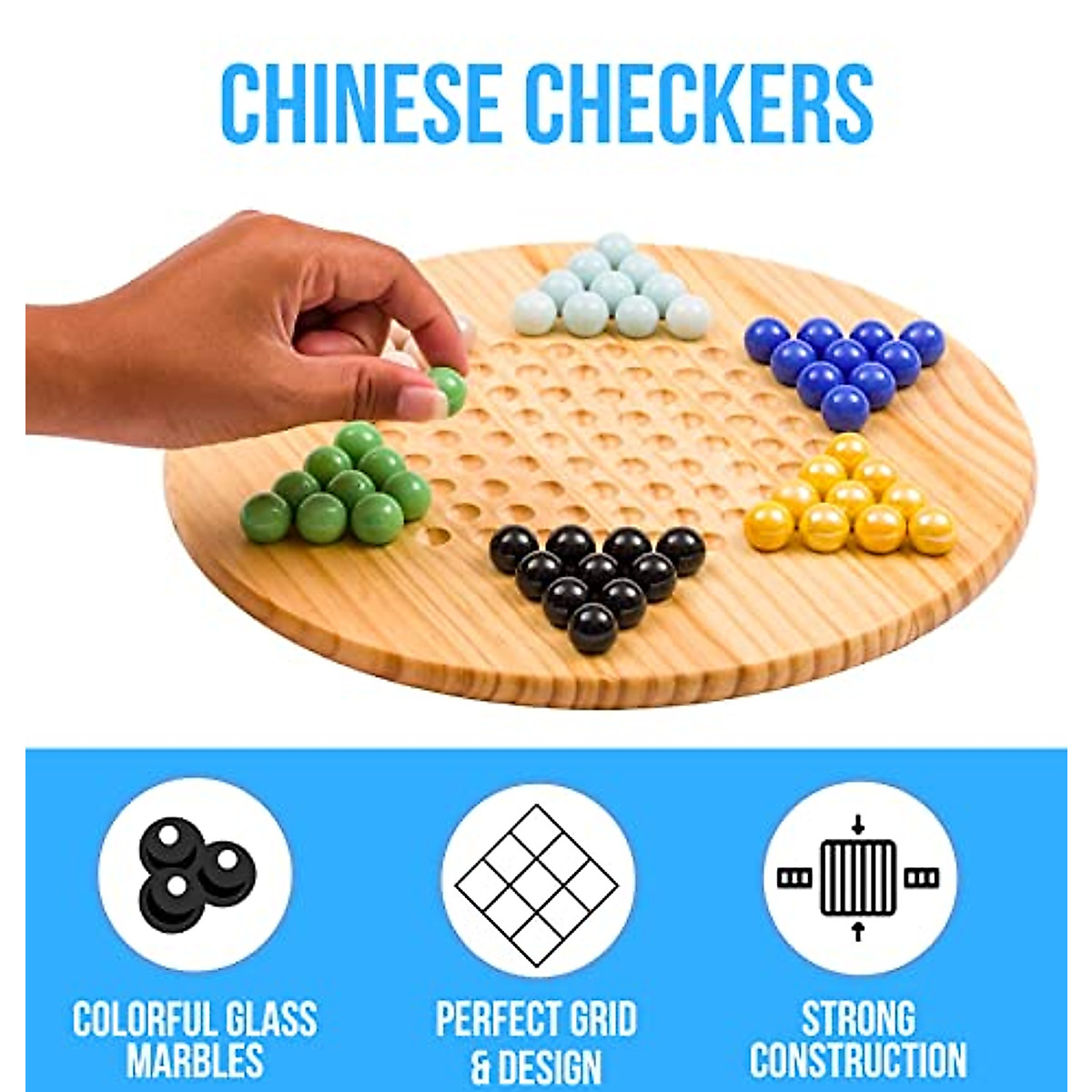 Regal Games - Chinese Checkers -11.5” Natural Wood Game Board with 60 Glass Marbles Assorted, Fun, Family-Friendly Board Game - Ideal for Up to 6 Players Ages 8+
