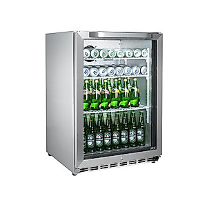 HCK 24 inch Freestanding/Built-in Beverage Cooler Refrigerator with 5.12 cu. ft. 161 cans Capacity, Undercounter refrigerators Reversible Glass Door and Stainless Steel Body for Soda Beer and Wine
