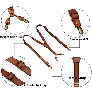 RC ROCKCOW Genuine Leather Suspenders for Men, Y Design Leather Suspenders with 4 Metal Clips, Groomsmen Gift for Wedding