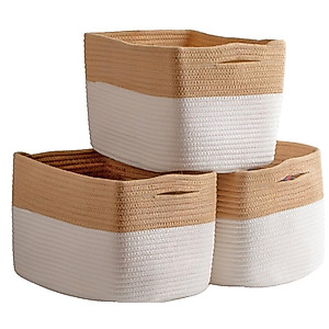 PJGOODS- 3-Pack Cotton Woven Storage Basket with Handles, Great for Organizing Laundry, Blankets, Dog Toys, Baby Toys, Perfect for the Kitchen, Bathroom, Bedroom, Living Room,15x10x9, Beige/White