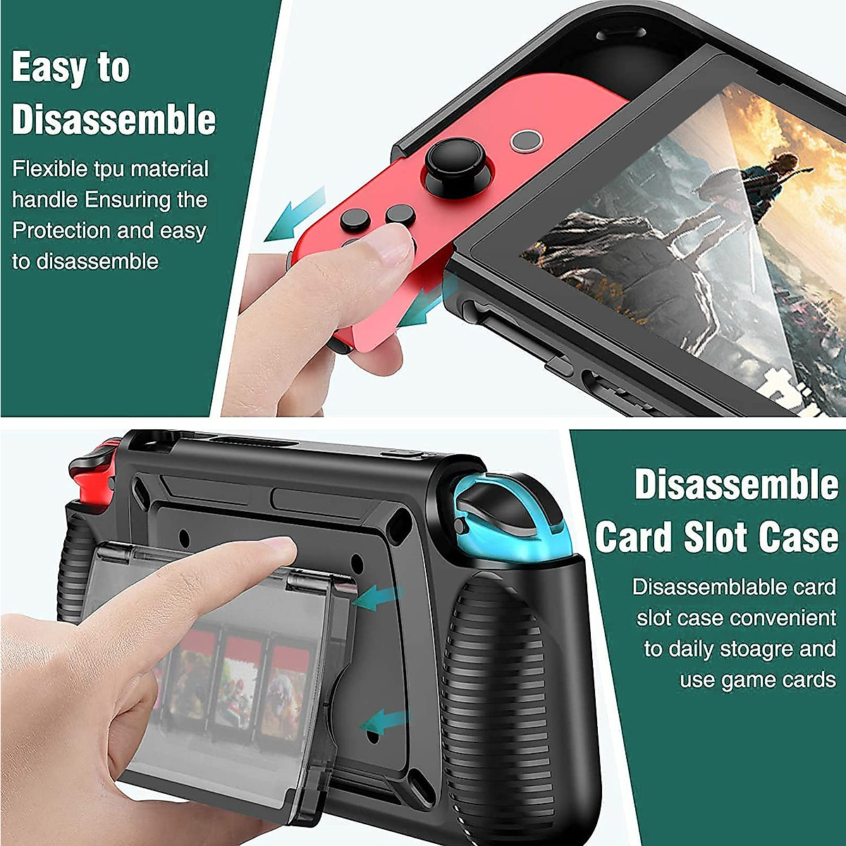 HOMMES Protective Case for Nintendo Switch Games, Switch Case with 7 Game Cards Storage Slots, 360° Full Protection switch accessories with Ergonomic Design and Adjustable Kickstand,6 Thumb Grip Caps