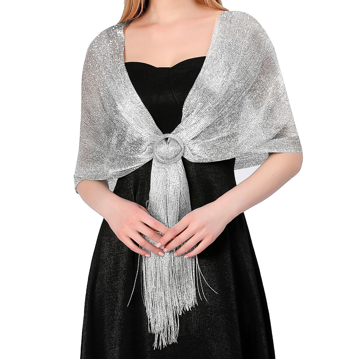 ZENUTA Shawls and Wraps for Evening Dresses, Womens Shawls and Wraps, Dressy Shawls and Wraps for Evening Wear (A. Silver (With Silver Buckle))