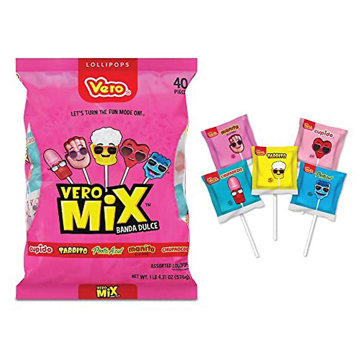 Vero Mix Banda Dulce Assorted Sweet Lollipops, Artificially Flavored, 1 Pound 4.31 Ounces, 40 Count Bag
