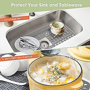 DETEIN Silicone Sink Protector for Kitchen Sink 26"x14" Cuttable Drain Hole Kitchen Sink Protector Mat Non-Slip Heat-Resistant Farmhouse Sink Protector Sink Mat Grid for Ceramic Sink, Porcelain Sink