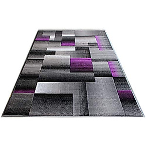 Champion Rugs Modern Geometric Abstract Boxes and Squares Purple Grey Black Carpet Bedroom Living Room Contemporary Dining (5’ 3” X 7’ 5”)