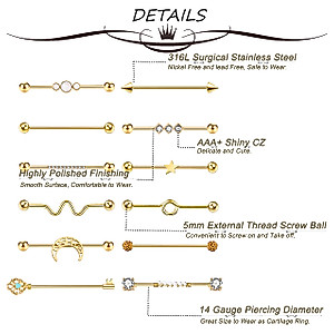 Masedy 12Pcs 14G Stainless Steel Industrial Earrings for Women Men Industrial Barbell Cartilage Scaffold Piercing 38mm 1 1/2" Inch G