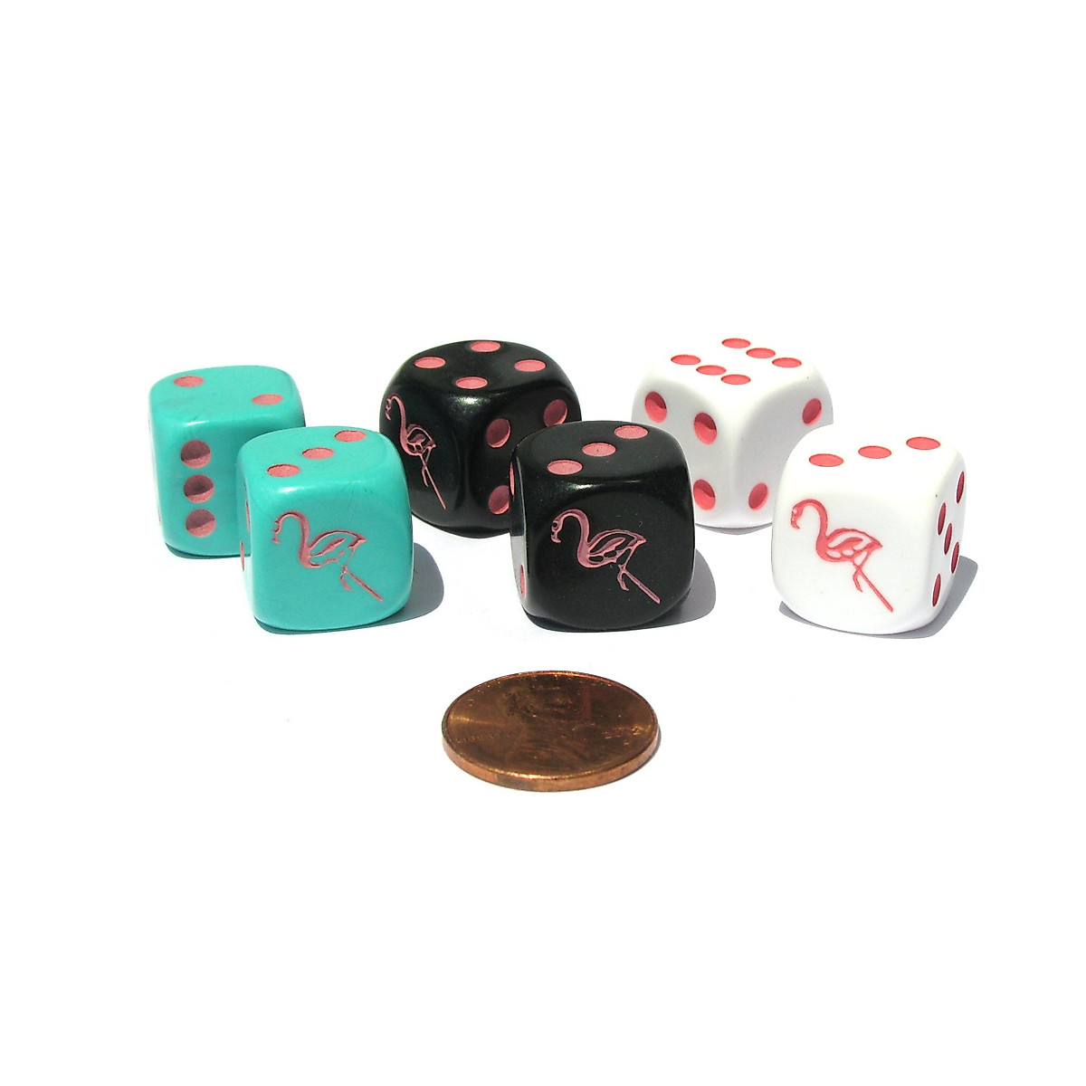 Set of 6 Flamingo 16mm Dice - 2 Each of Black, Aqua, and White with Pink Pips by Koplow Games