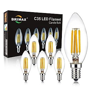 BRIMAX 4W E12 Candelabra Led Bulbs Dimmable, 40 Watt Equivalent, 2700K Warm Glow, C35 B11 Filament Led Candle Light Bulbs for Foyer Chandeliers, Celling Fans and Other Wall Fixtures, 6Pack