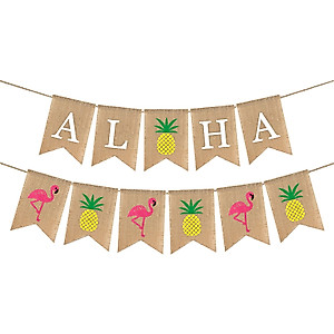 Whaline Hawaiian Aloha Burlap Banner Pineapple Flamingo Pattern Summer Garland Flag Pre-Assembled Tropical Theme Banner for Summer Beach Pool Barbecue Party Decoration Supplies, 2Pcs