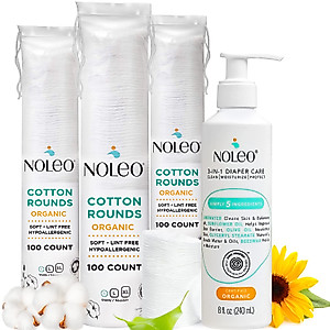 Noleo 3in1 Diaper Care with Organic Cotton Rounds - 300ct Lint Free Small Cotton Rounds - 8oz All-in-One Baby Cleanser, Lotion & Diaper Rash Cream