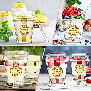100 Packs Clear Plastic Dessert Cups with Spoons and Stickers, 6 oz Small Clear Plastic Parfait Cup Disposable Appetizer Cup Shooter Cup for Dessert Appetizers, Puddings, Mousse, Ice Cream (Square)