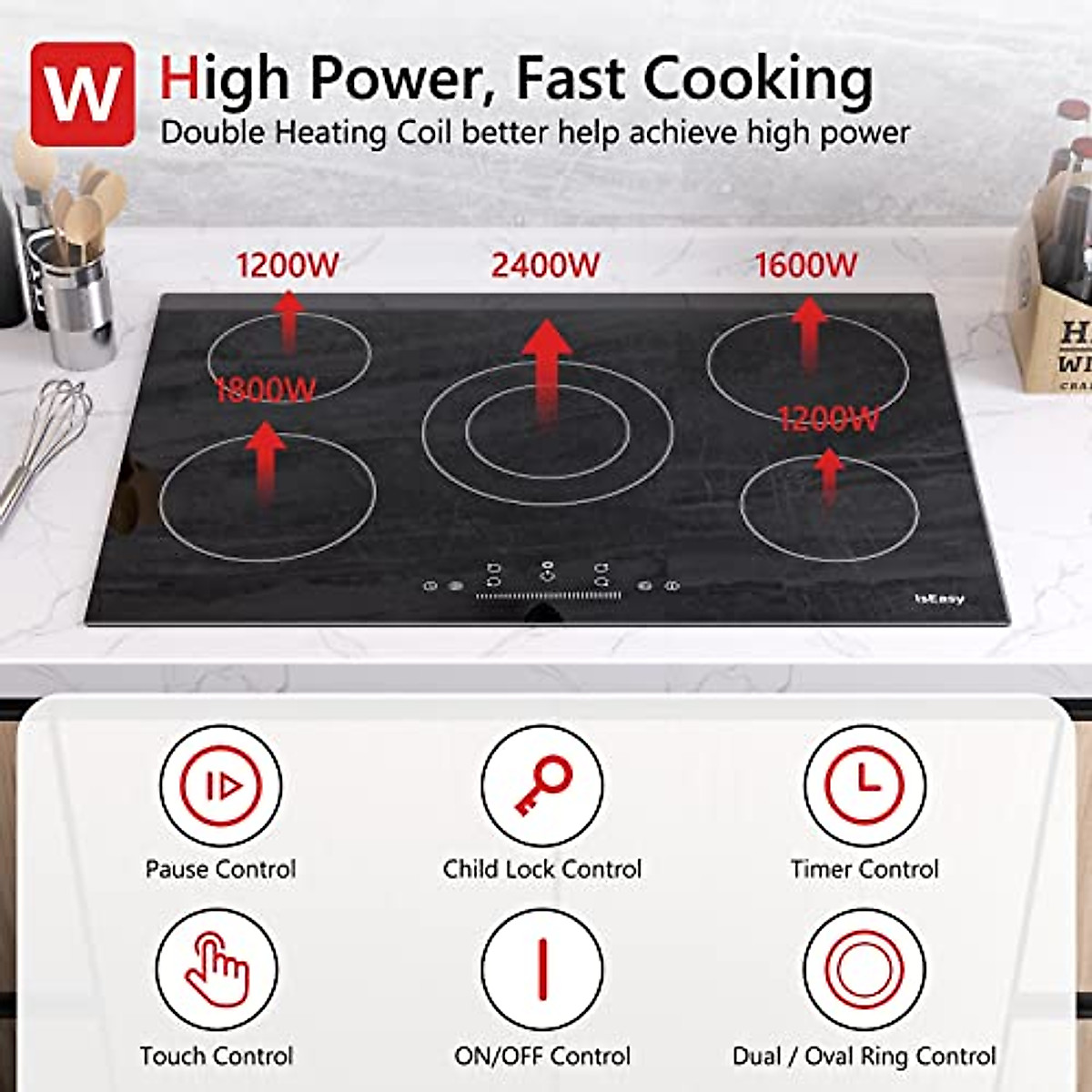 Electric Cooktop 30 Inch, IsEasy Ceramic Cooktop 5 Burners Electric Stove Top Built-in Countertop 8200W Electric Radiant Cooktop with 9 Heating Level, 220-240V, Hard Wire, No Plug