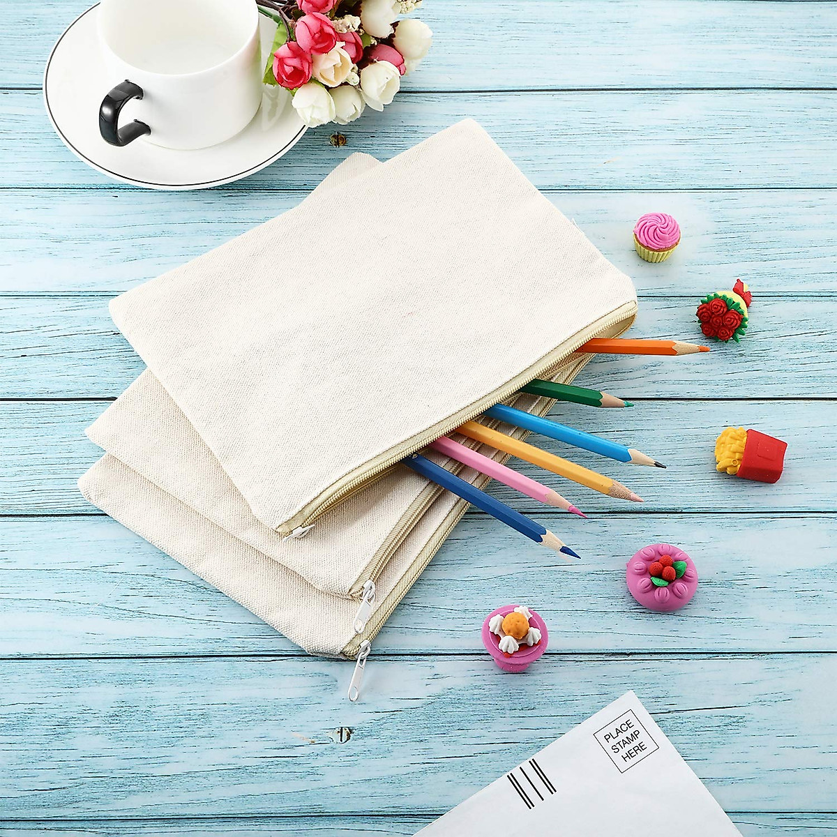 meekoo 16 Pack Multi-Purpose Cosmetics Bag with Zipper Canvas Makeup Pouches Travel Toiletry Bag Pen Pencil Bag Blank DIY Craft Bag (M, Beige)