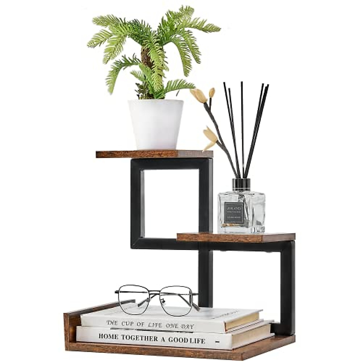 Gannyfer Wood Desktop Shelf - Freestanding Small Bookshelf Desk Supplies Organizers, 3 Tier Storage Display Rack Office Decor, Stand Shelves with Metal Frame for Books/Plants/Toys
