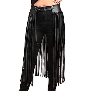 Ayliss Women Tassel Fringe Skirt Belt Punk Waist Dress Belt Vintage PU Leather Waistband Rocker Dance Performance Costume (Black)