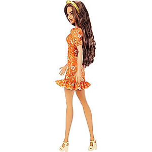 Barbie Fashionistas Doll, Long Wavy Brunette Hair, Headband, Orange Floral Print Dress with Ruffle Details & Heels, Toy for Kids 3 to 8 Years Old